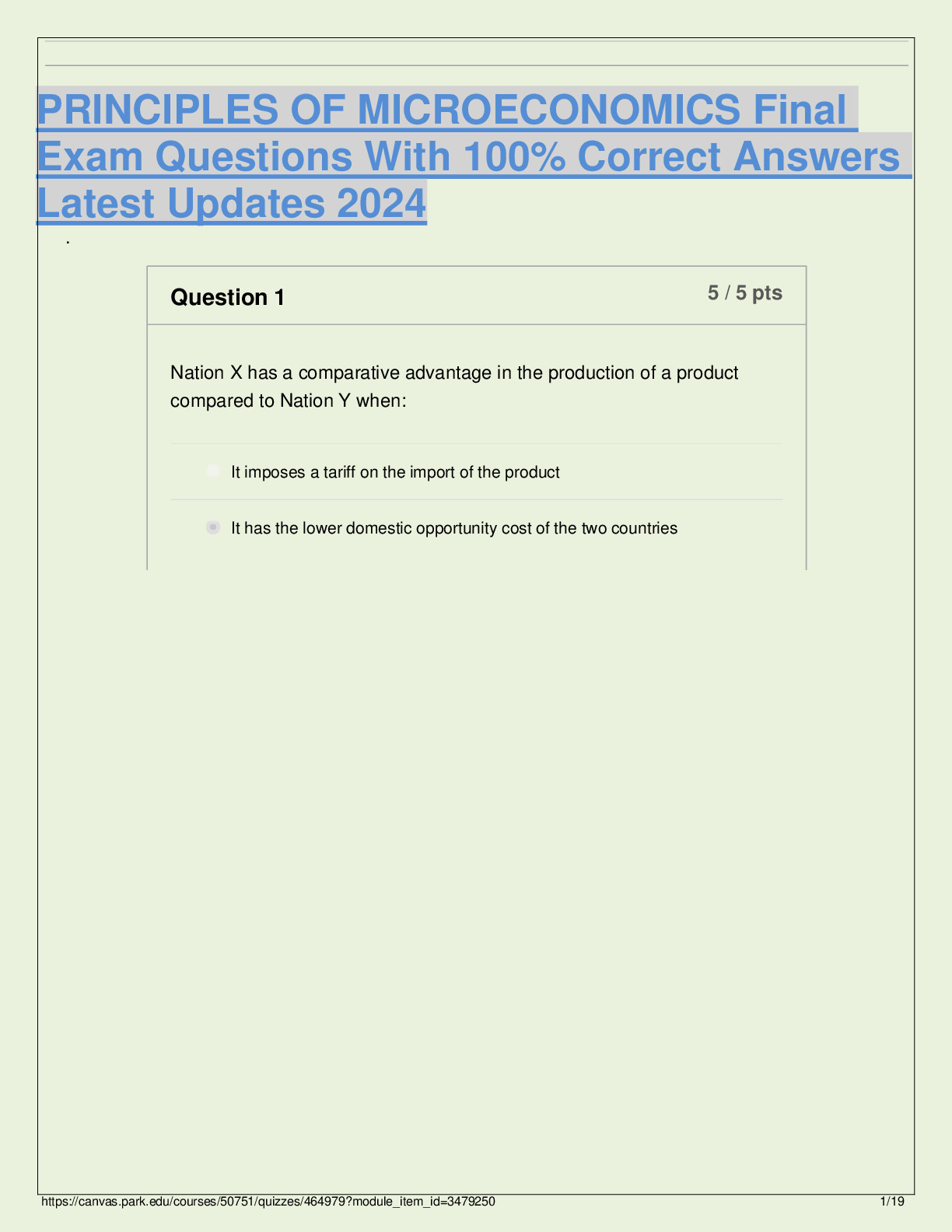 PRINCIPLES OF MICROECONOMICS Final Exam Questions With 100- Correct ...