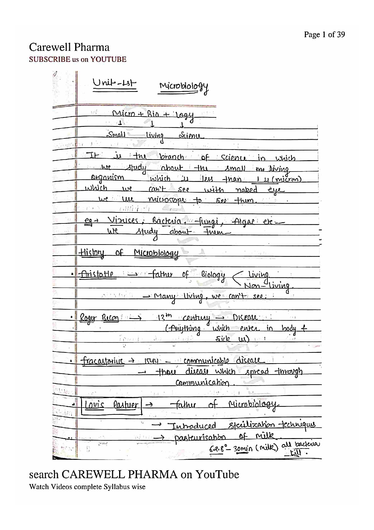 Pharmaceutical microbiology handwritten notes Unit 1 - DocMerit