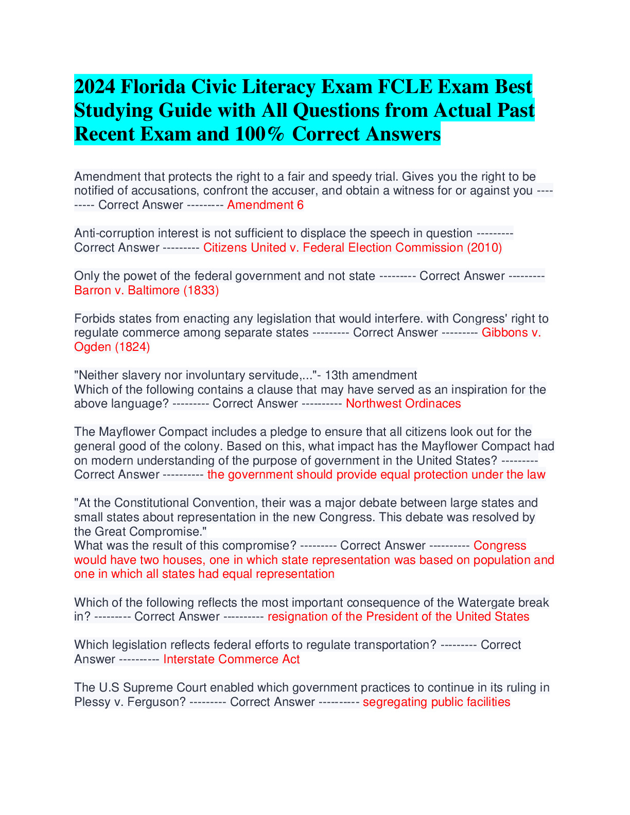 2024 FLORIDA CIVIC LITERACY TEST NEWEST UPDATED VERSION WITH 120 ...