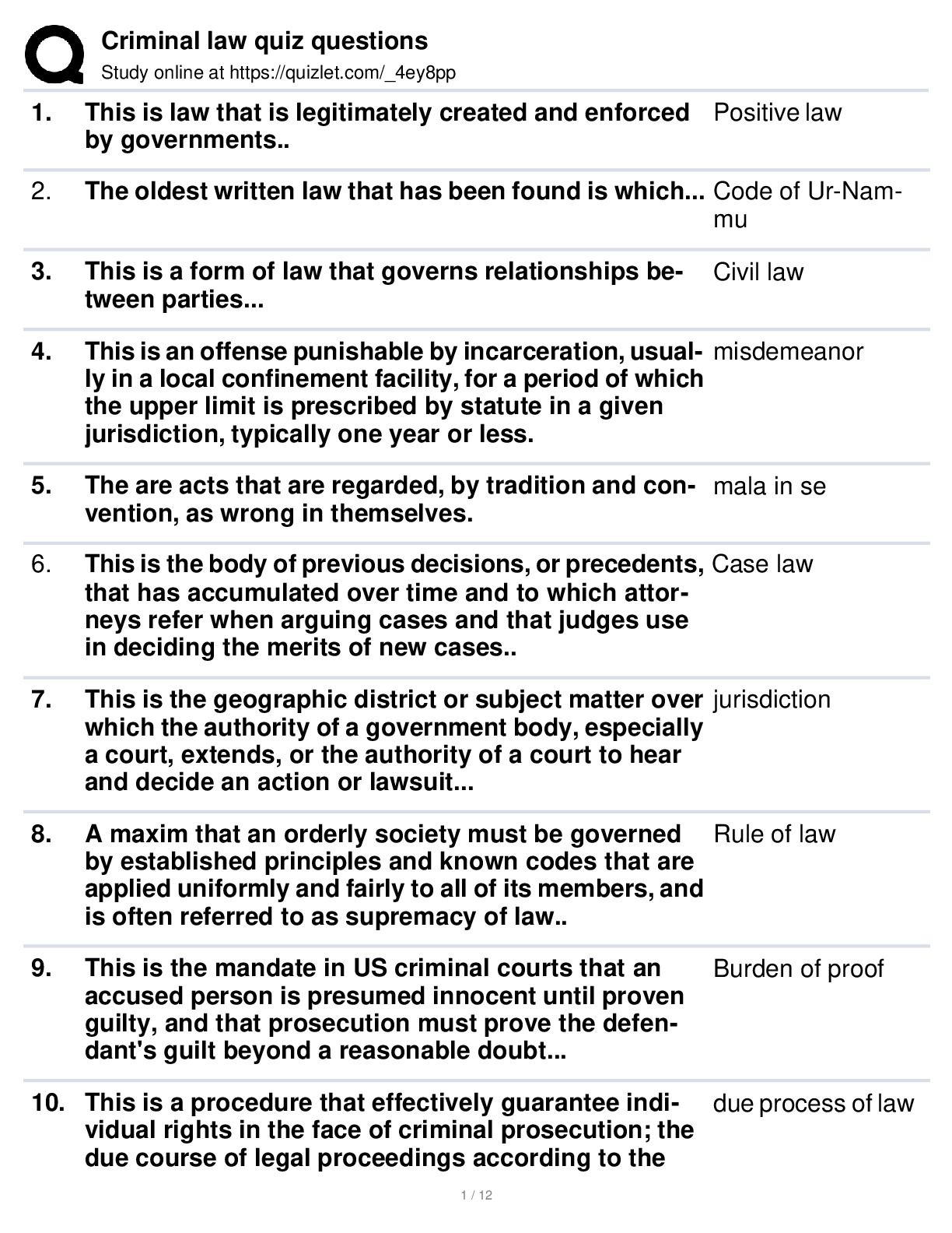 Criminal law quiz questions & answers 2024 - DocMerit