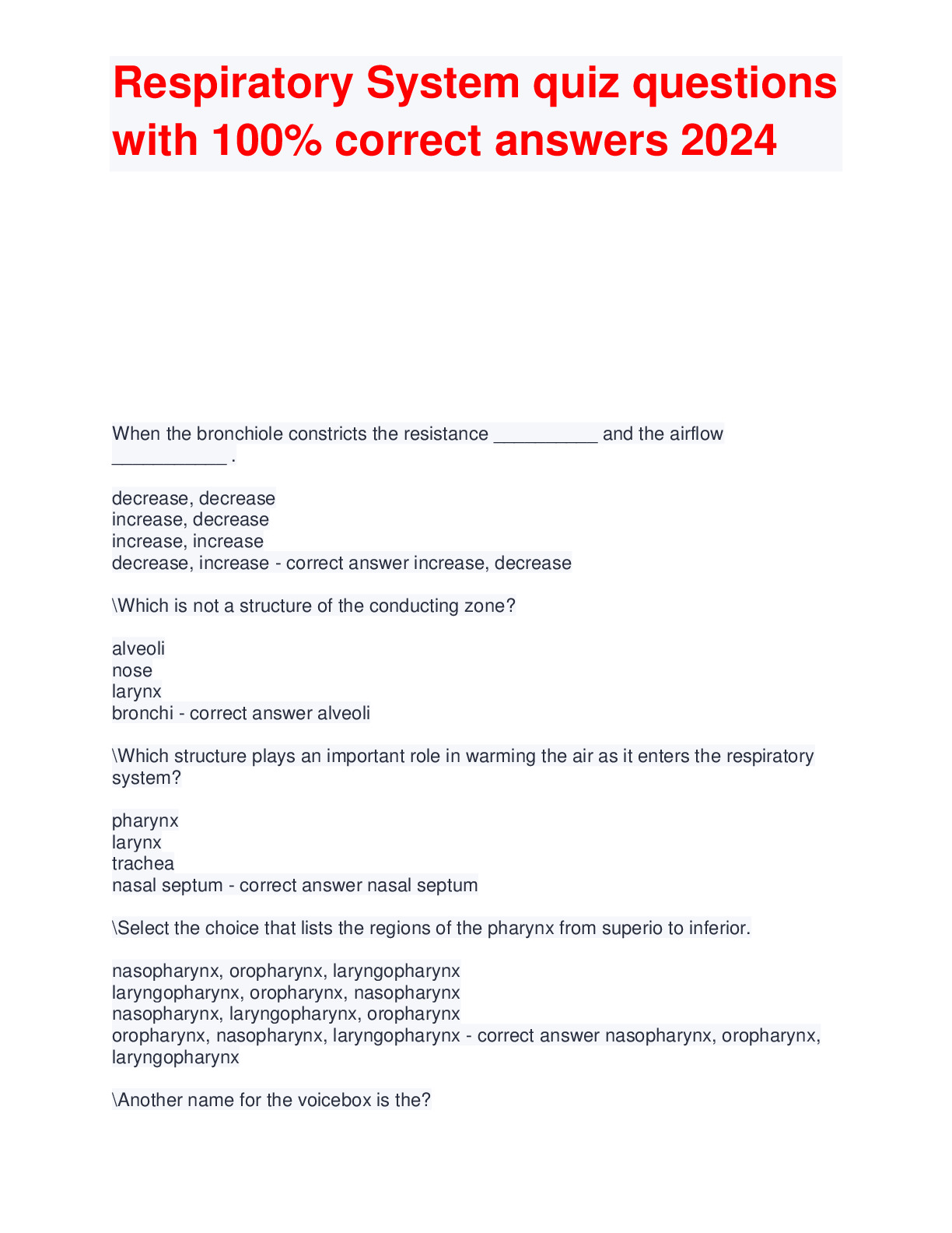 Respiratory System quiz questions with 100- correct answers 2024 ...