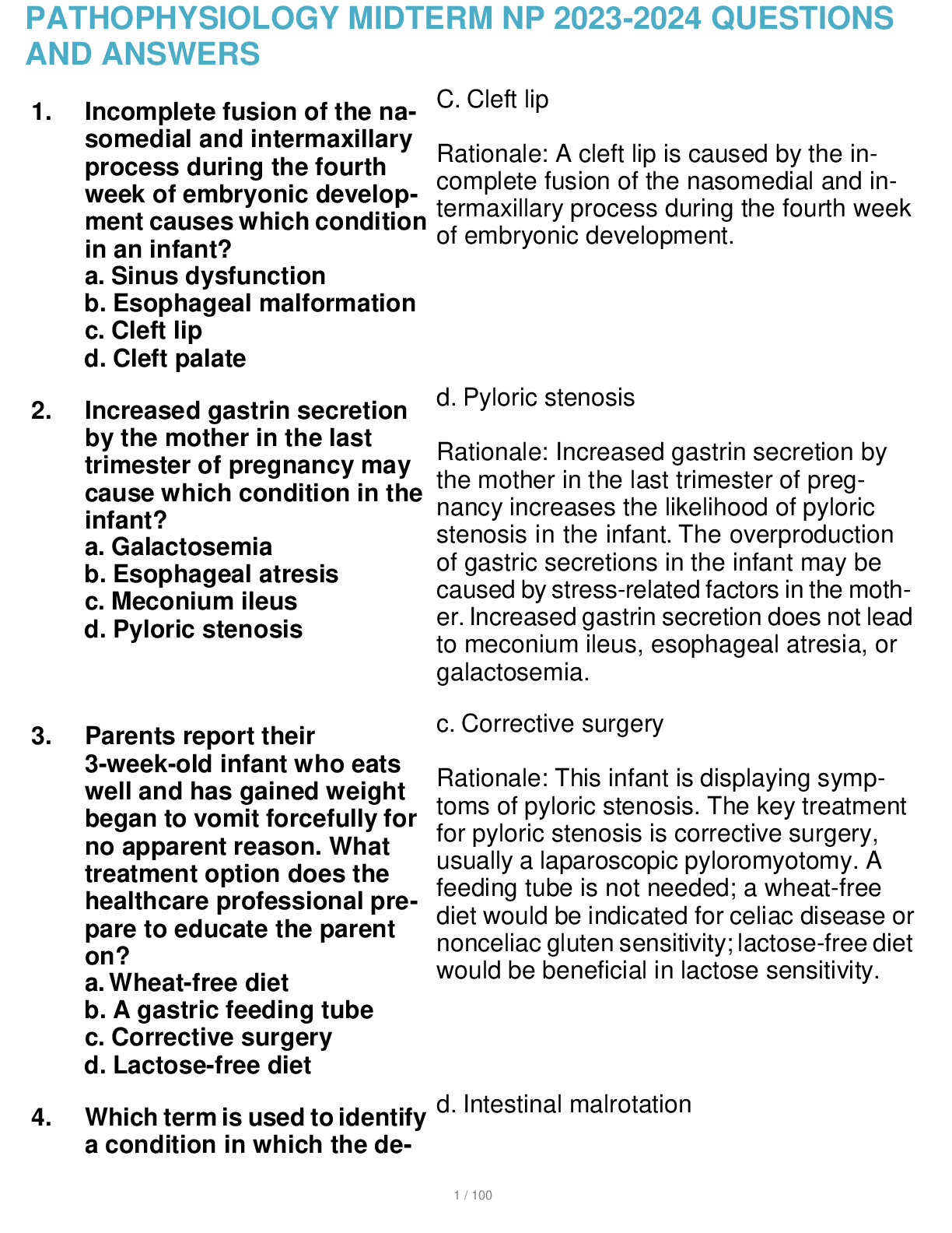 PATHOPHYSIOLOGY MIDTERM NP 2023-2024 QUESTIONS AND ANSWERS - DocMerit