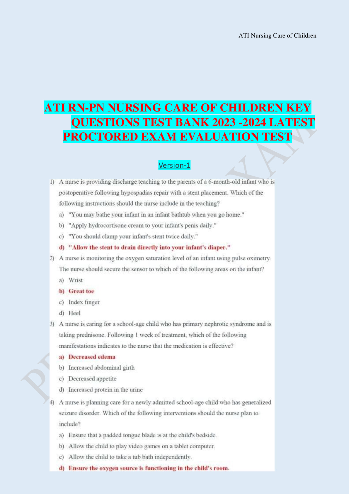 ATI RN-PN NURSING CARE OF CHILDREN KEY QUESTIONS TEST BANK 2023 -2024 ...