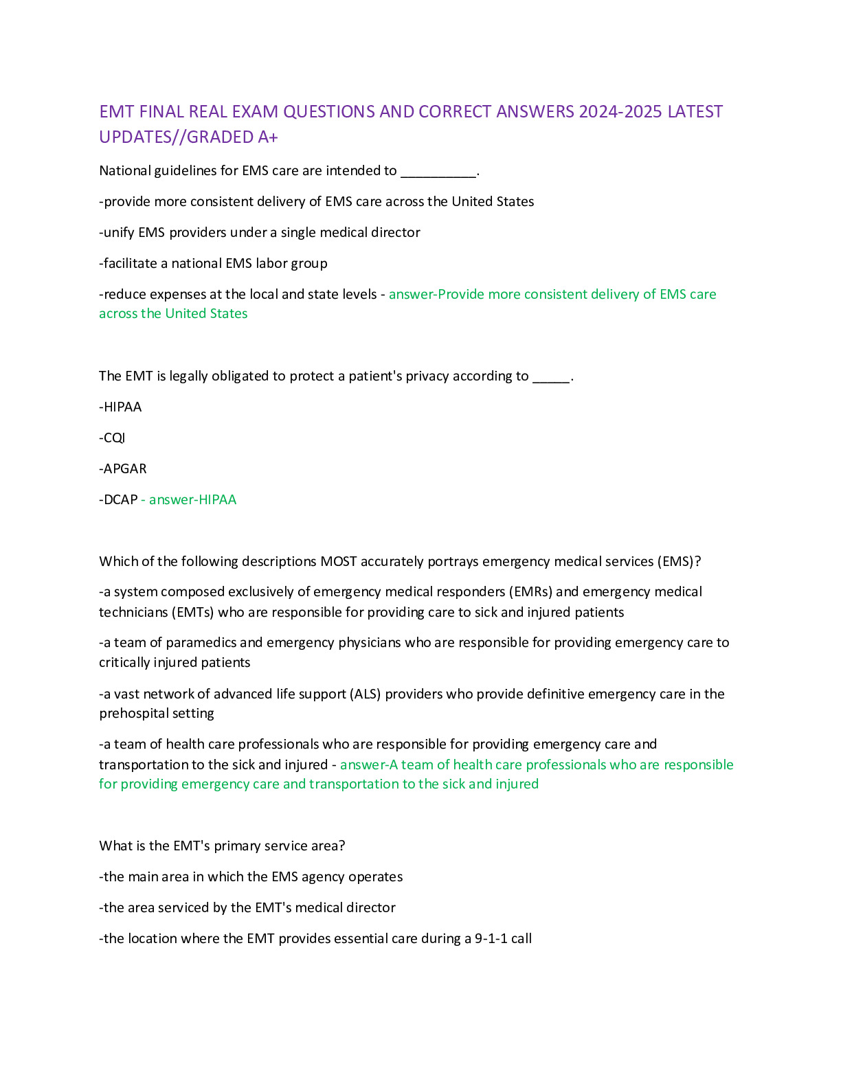 EMT FINAL REAL EXAM 2024-2025 BUNDLE!! - DocMerit