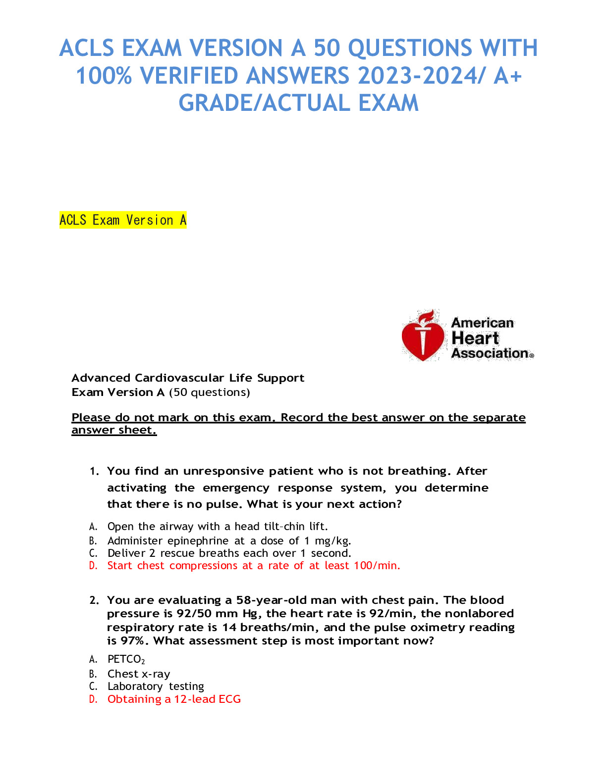 ACLS EXAM VERSION A 50 QUESTIONS WITH 100% VERIFIED ANSWERS 2023-2024 ...