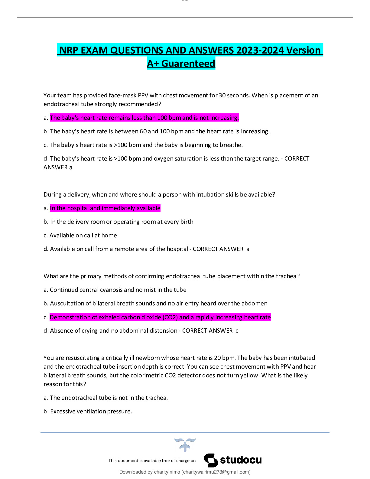 NRP EXAM QUESTIONS AND ANSWERS 2023-2024 Version A+ Guarenteed - DocMerit