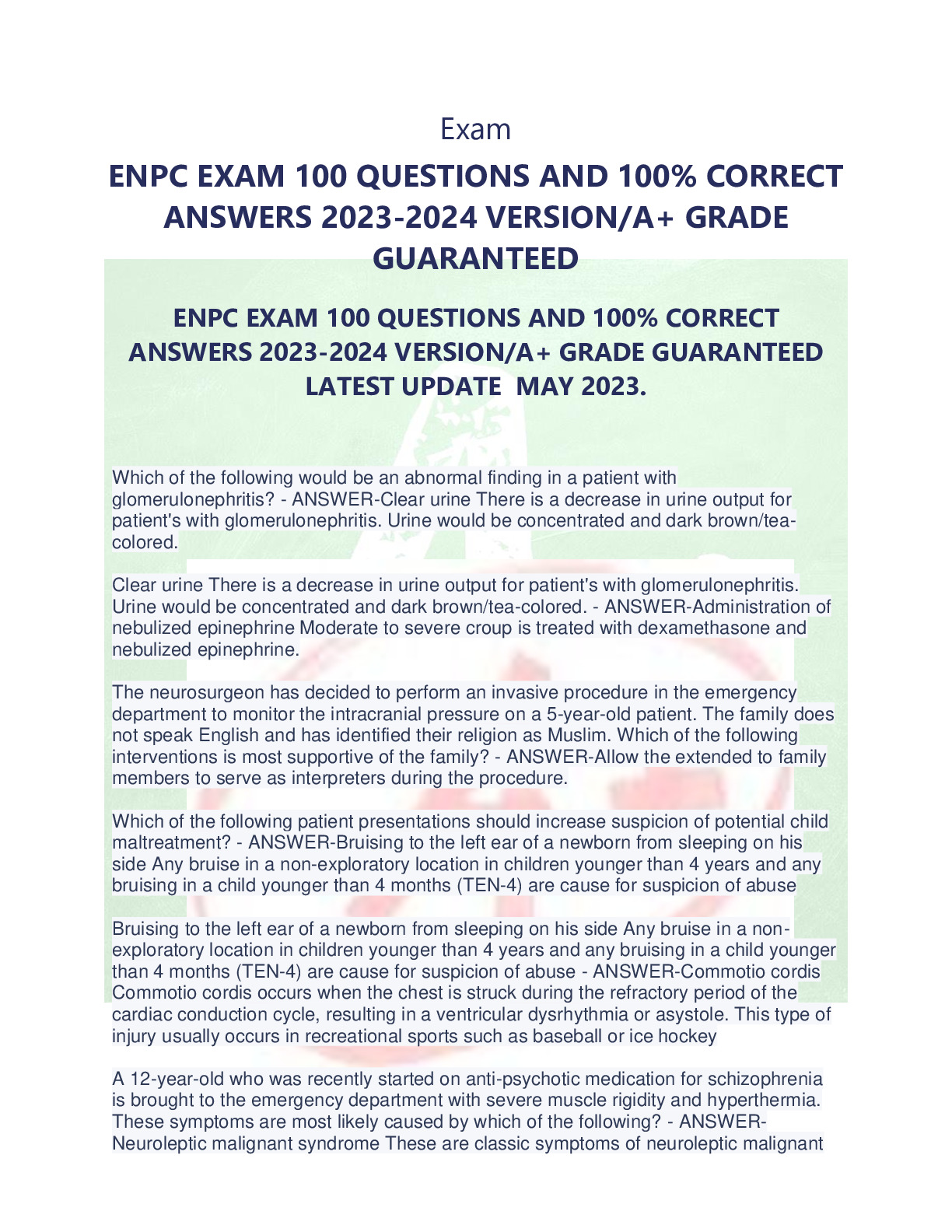 ENPC EXAM 100 QUESTIONS AND 100% CORRECT ANSWERS 2023-2024 VERSION/A+ ...