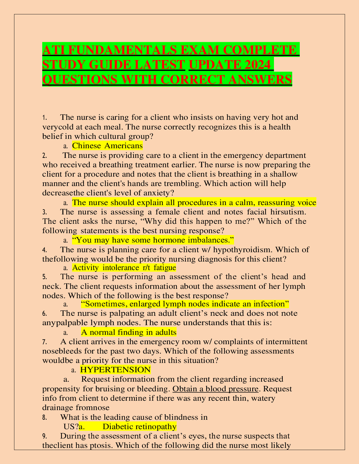 ATI FUNDAMENTALS EXAM COMPLETE STUDY GUIDE LATEST UPDATE 2024 QUESTIONS ...