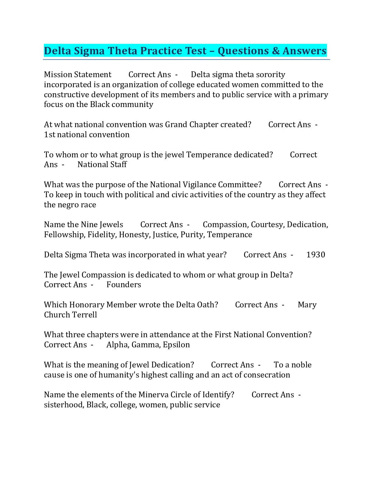 Delta Sigma Theta Practice Test – Questions and Answers - DocMerit