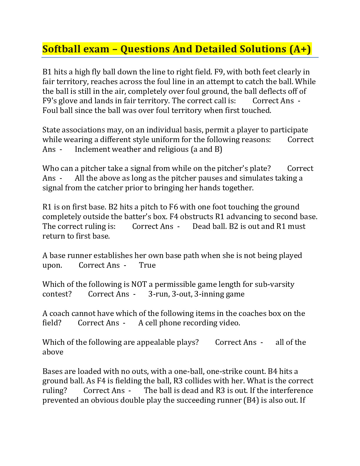 Softball Exam – Questions With Complete Solutions - DocMerit