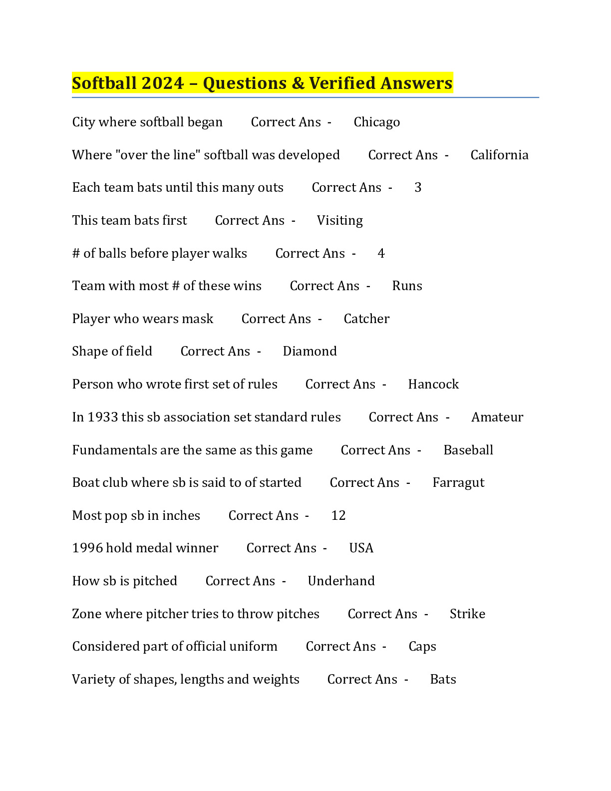 Softball Exam – Questions With Complete Solutions - DocMerit