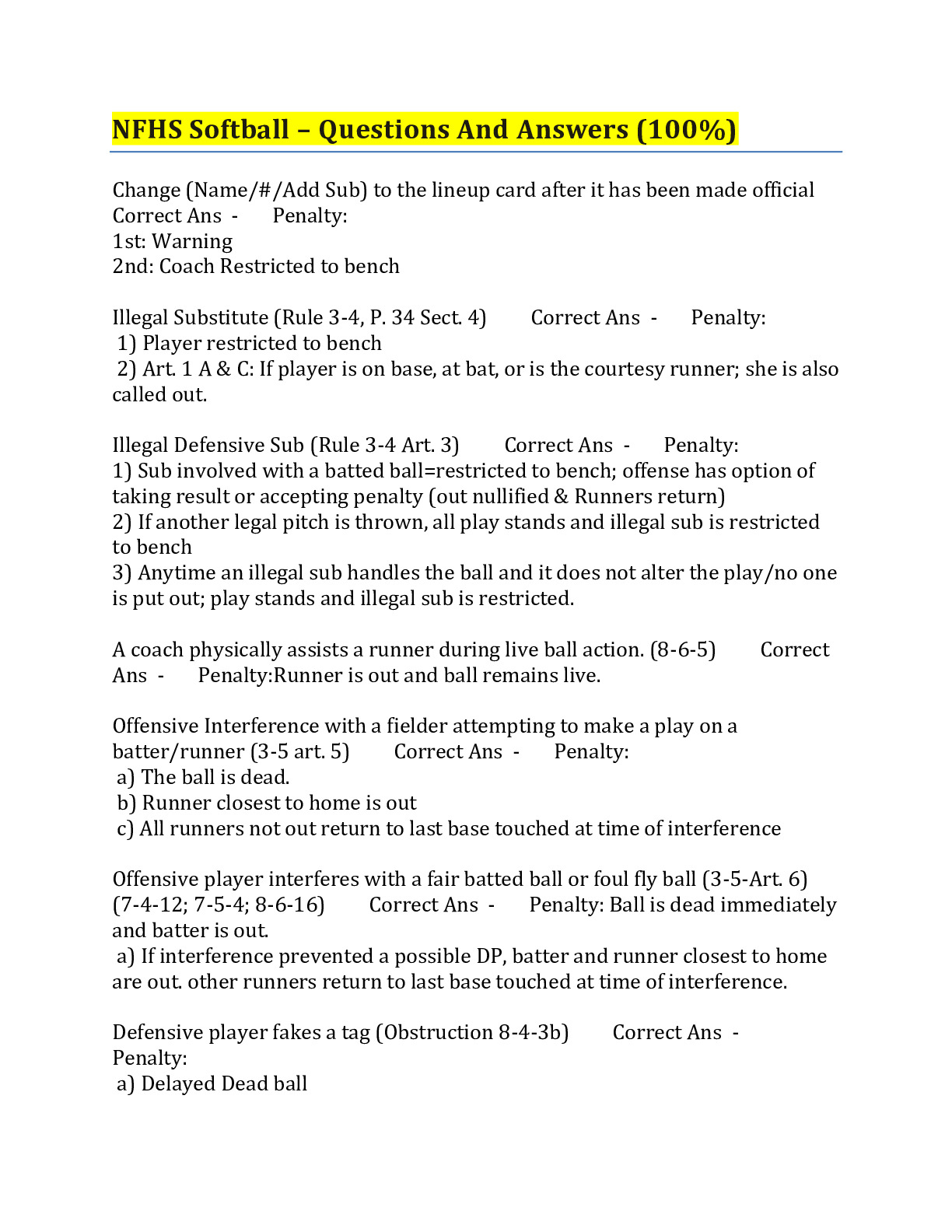 NFHS Softball Exam (2024/ 2025) Questions and Verified Answers| 100% ...