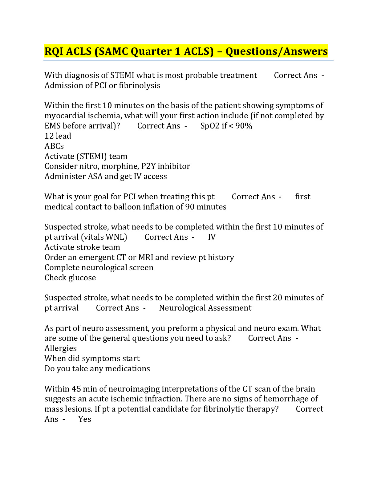 RQI ACLS (SAMC Quarter 1 ACLS) – Questions/Answers - DocMerit