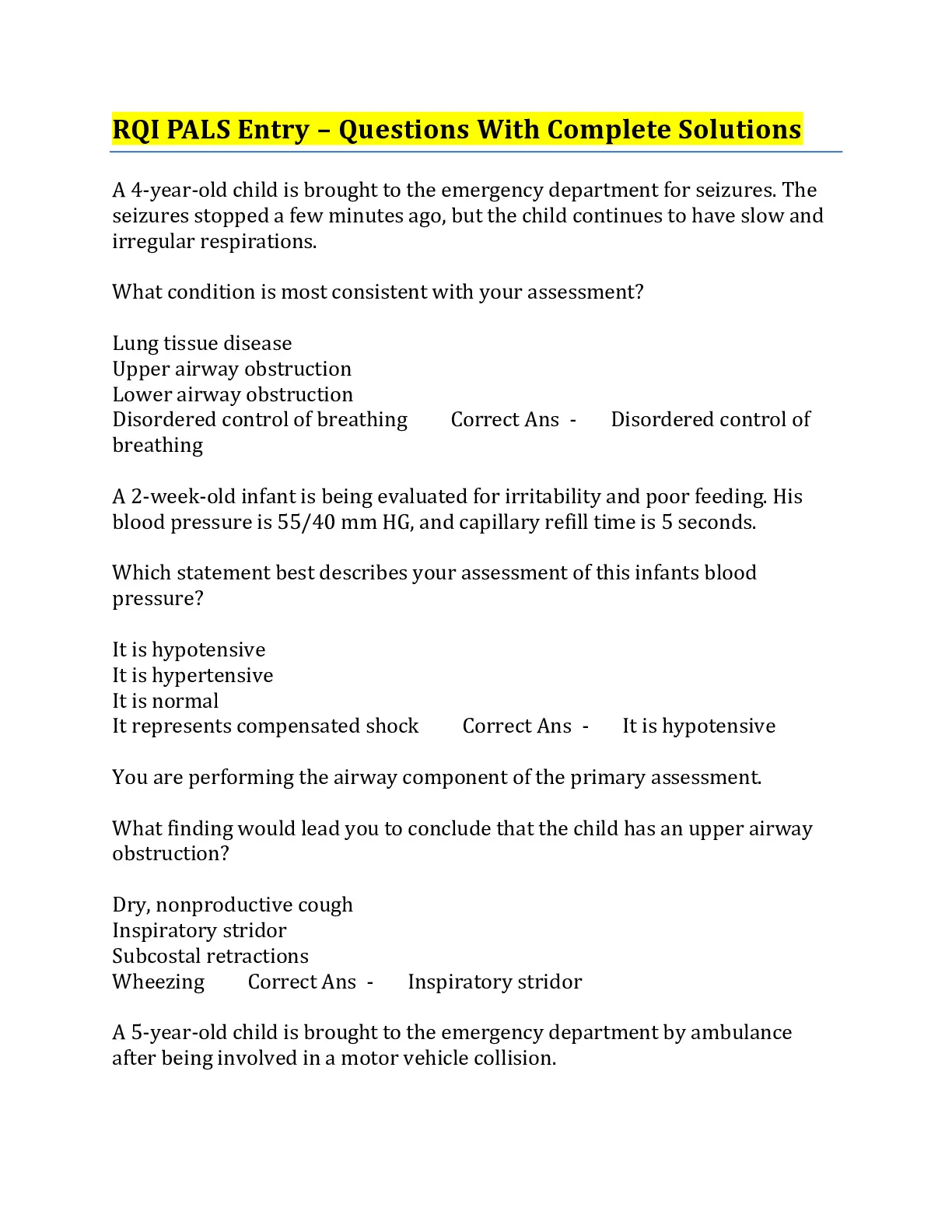 RQI PALS Entry – Questions With Complete Solutions - DocMerit