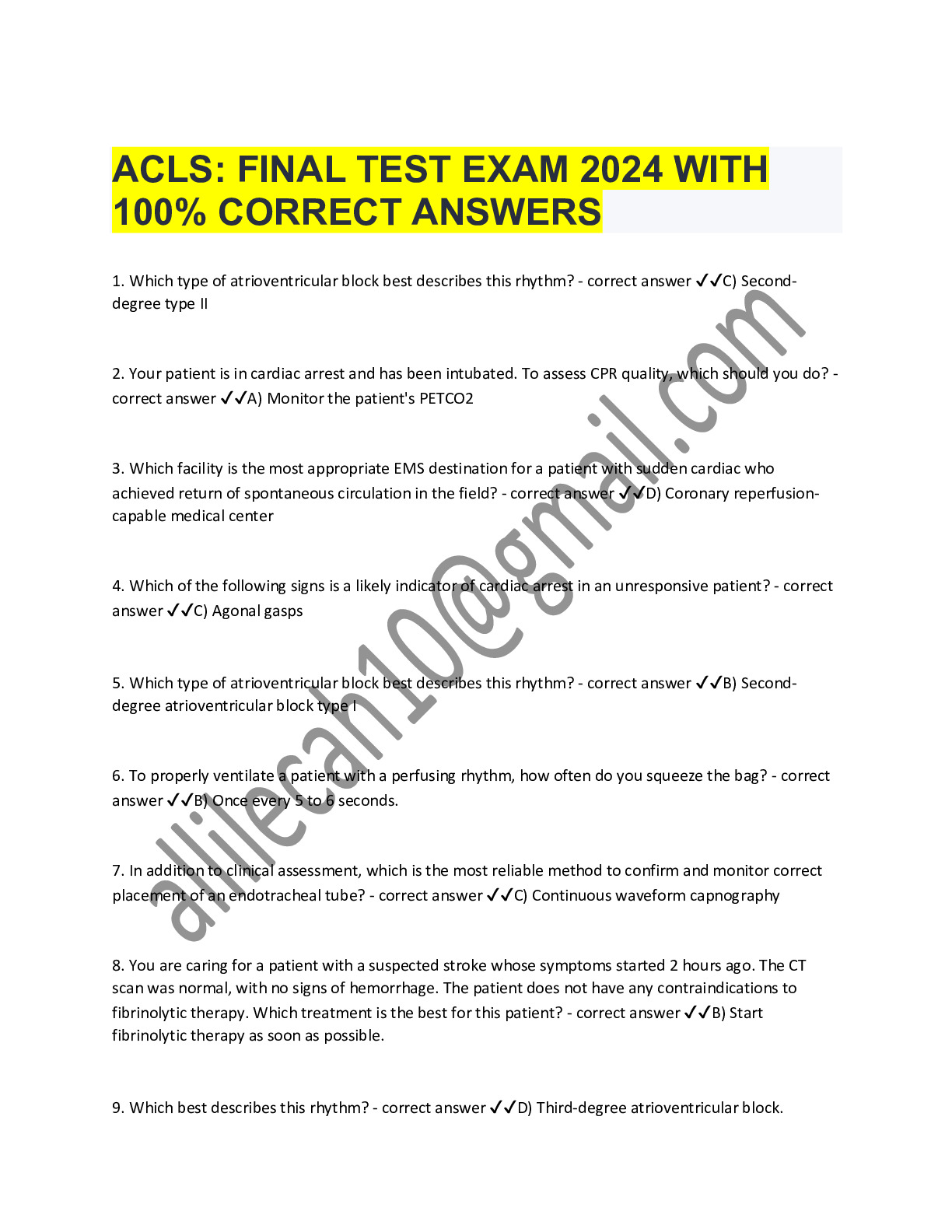 ACLS: FINAL TEST EXAM 2024 WITH 100% CORRECT ANSWERS Rated A+ - DocMerit