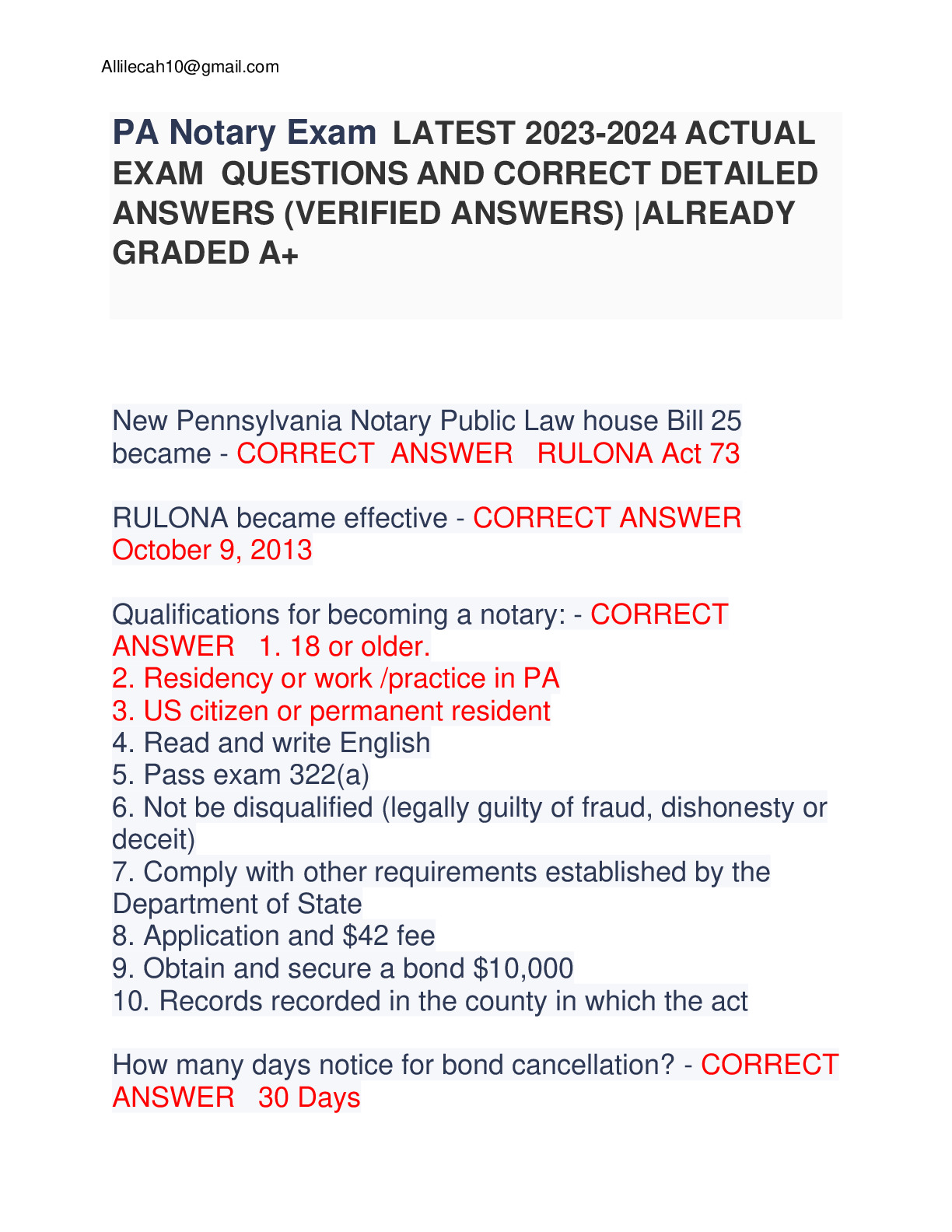PA Notary Exam LATEST 2023-2024 ACTUAL EXAM QUESTIONS AND CORRECT ...
