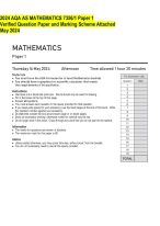 2024 AQA AS MATHEMATICS 7356/1 Paper 1 Verified Question Paper and Marking Scheme Attached ...