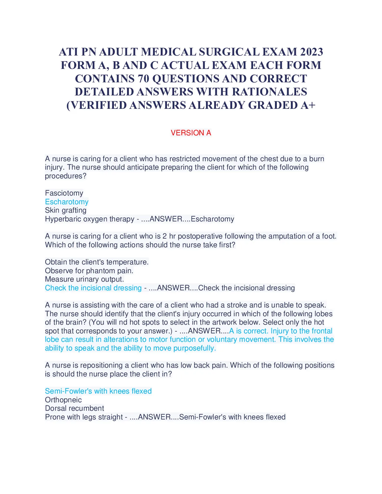 ATI PN ADULT MEDICAL SURGICAL EXAM 2023 FORM A, B AND C ACTUAL EXAM ...