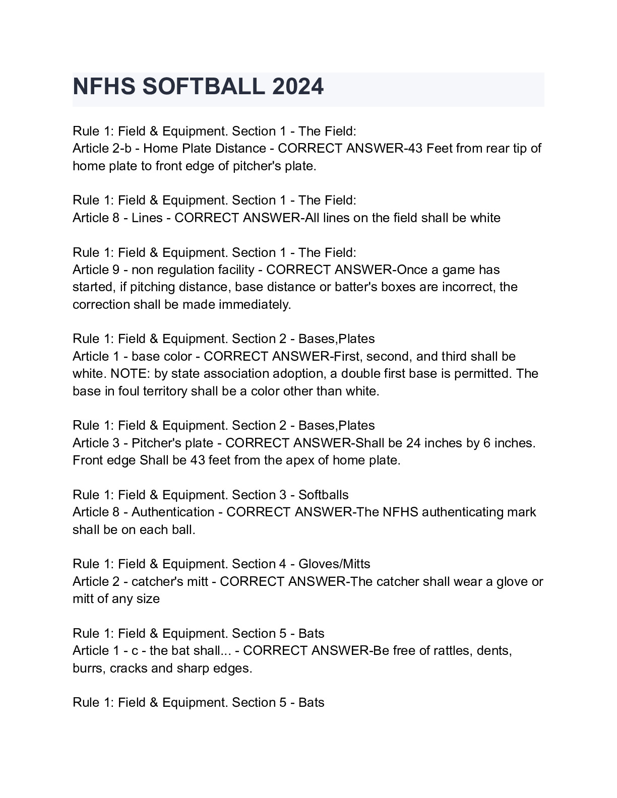 NFHS Softball Exam Prep (2024/ 2025 Update) Questions and Verified ...