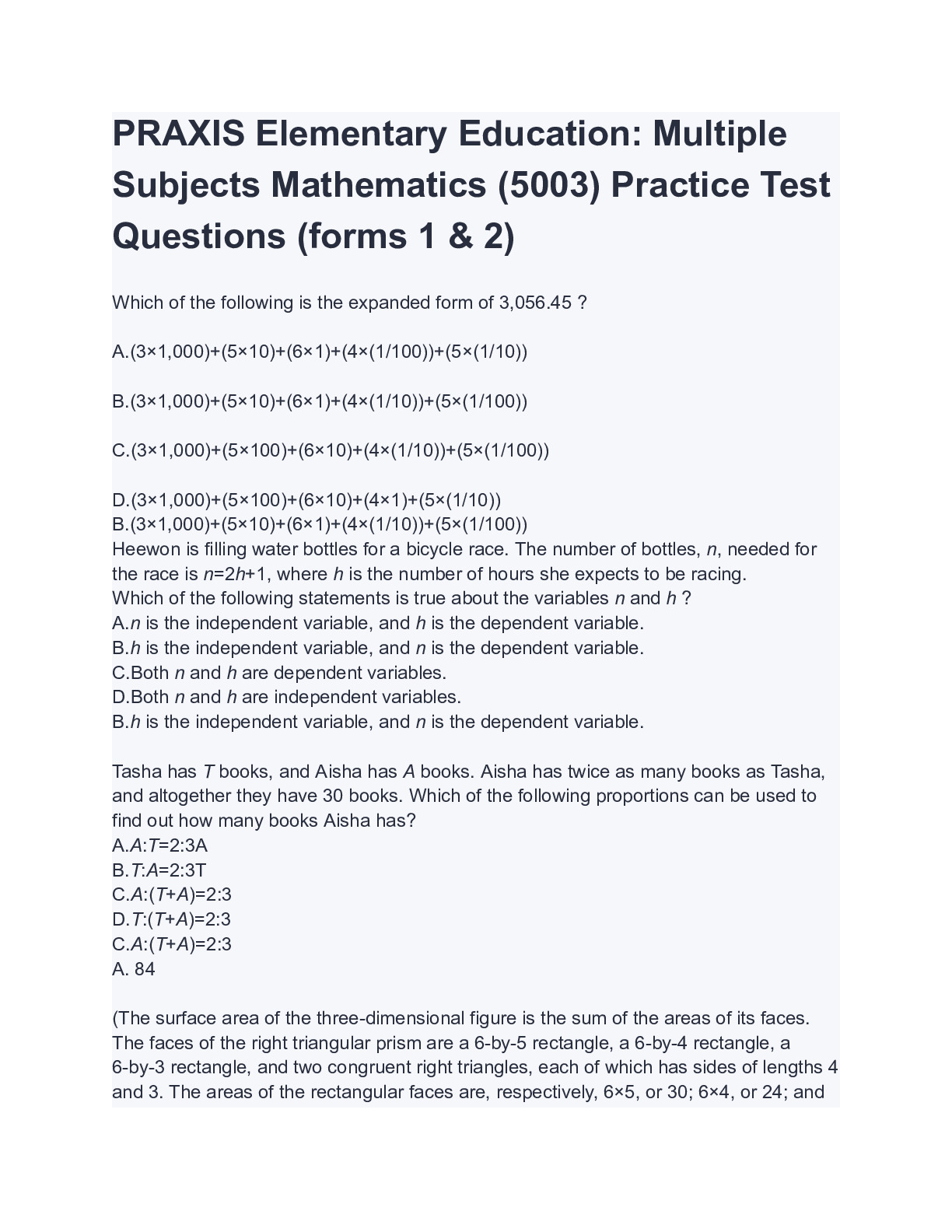 PRAXIS Elementary Education_ Multiple Subjects Mathmatics (5003 ...