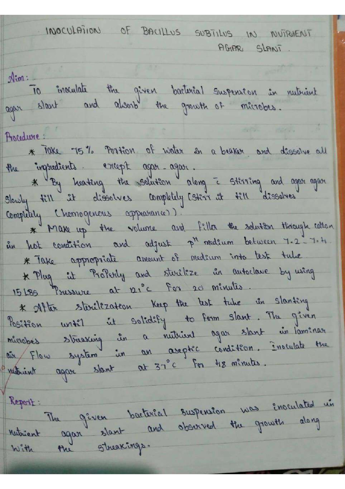 Inoculation of Bacillus Subtilus In Nutrient Agar Slant - DocMerit