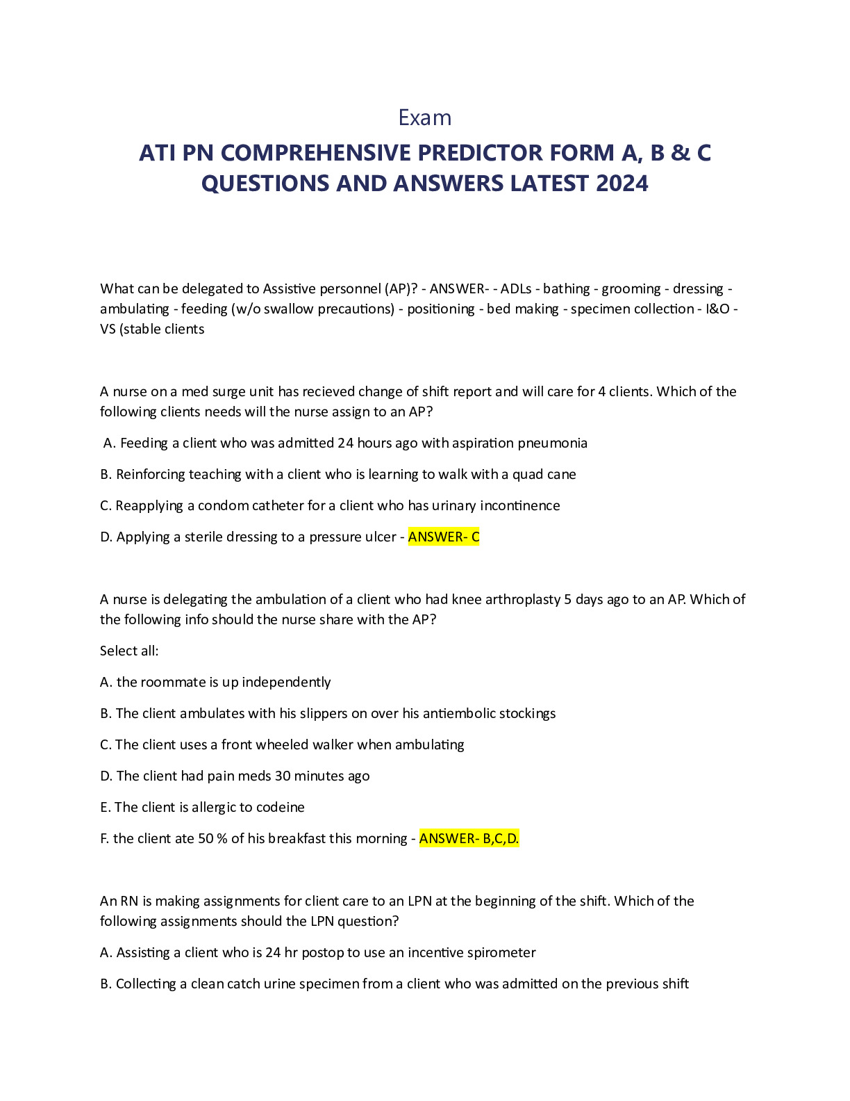 Exam ATI PN COMPREHENSIVE PREDICTOR FORM A, B & C QUESTIONS AND ANSWERS ...