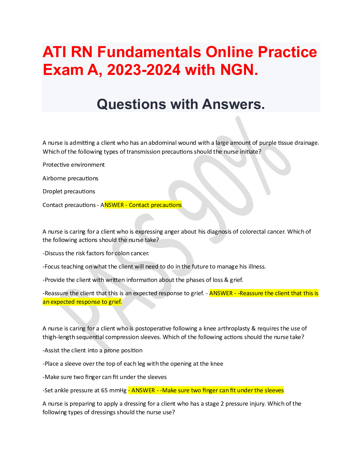 ATI RN Fundamentals Online Practice Exam C, 2023-2024 with NGN. - DocMerit