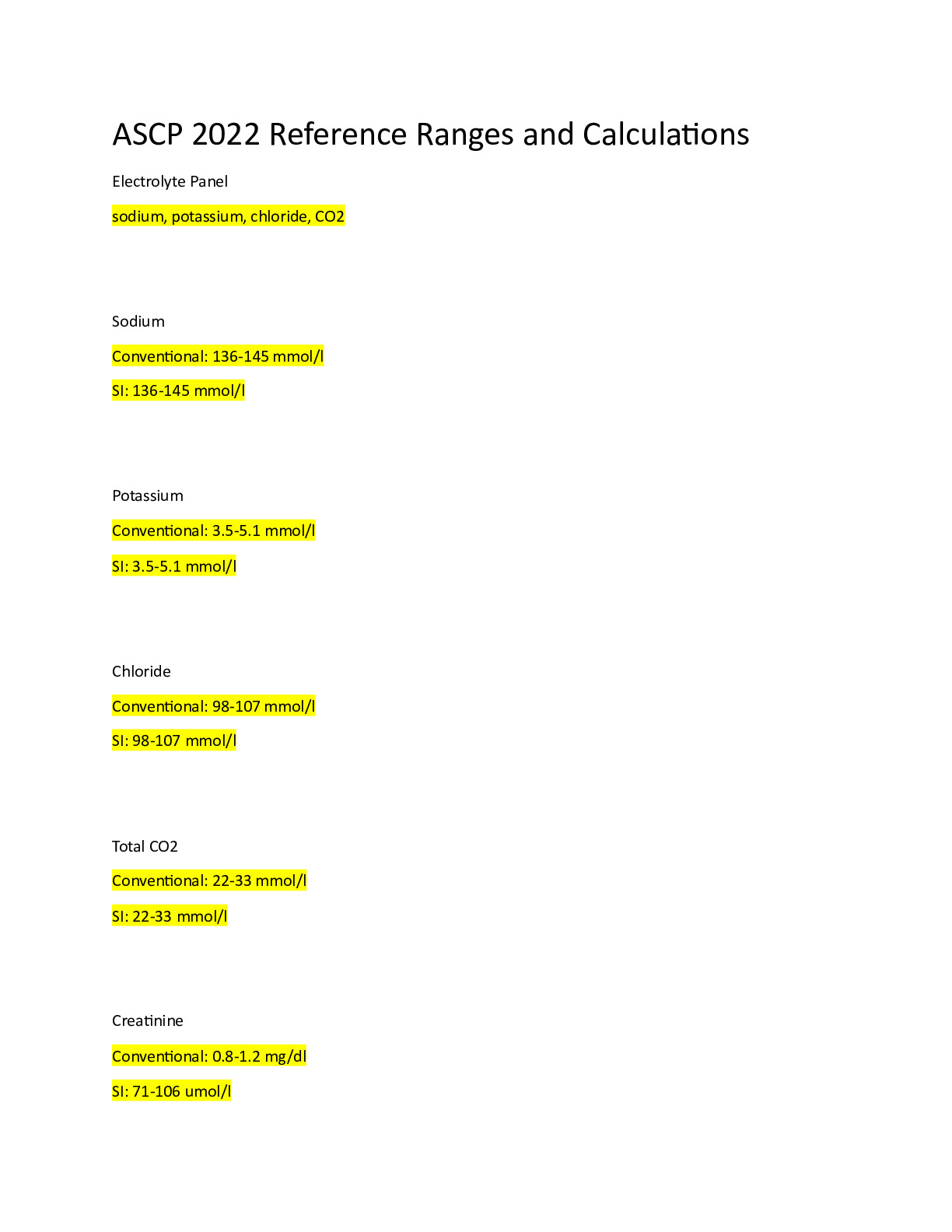 ASCP 2022 Reference Ranges and Calculations - DocMerit