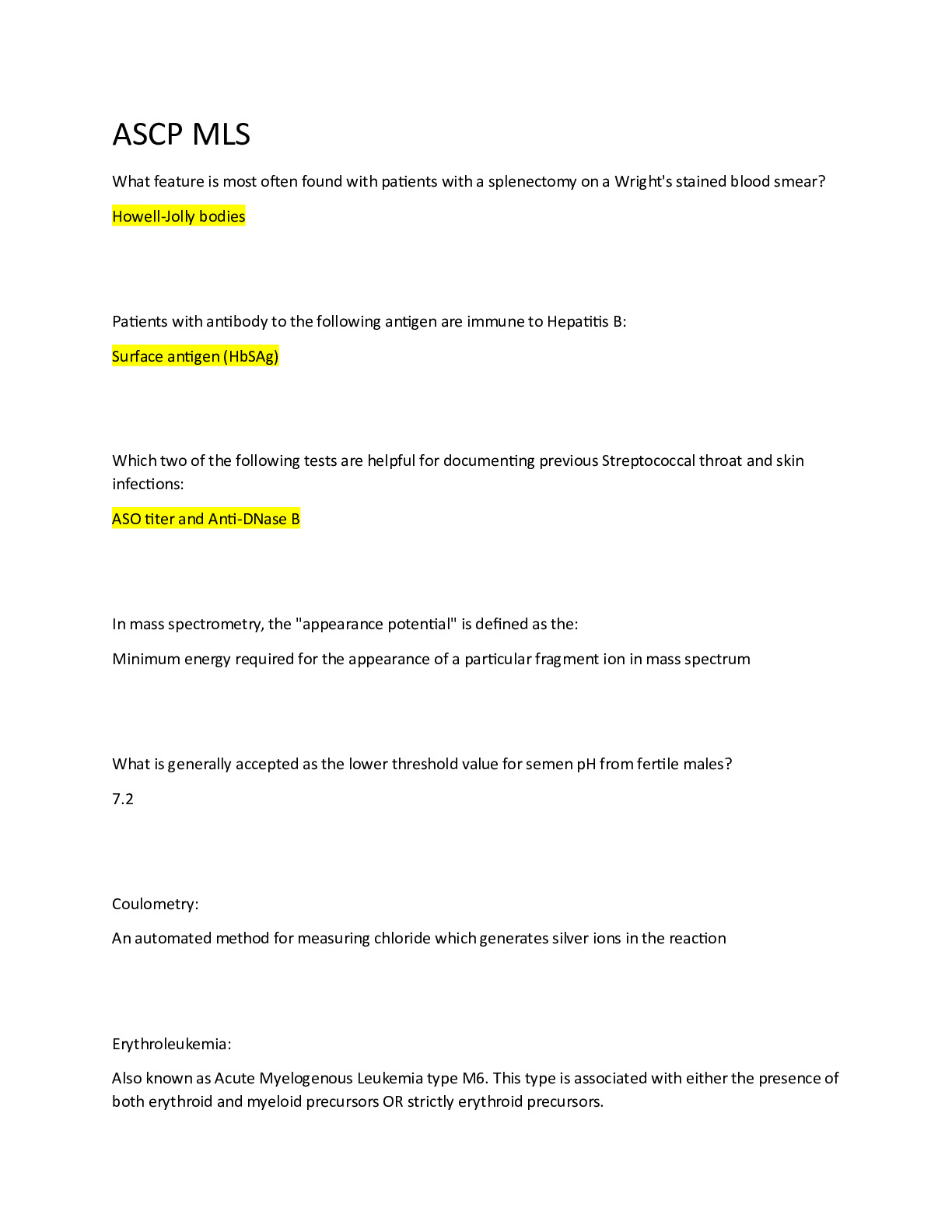 ASCP MLS Questions And Answers (Latest 2023 - 2024) With Complete ... ASCP MLS Questions And Answers (Latest 2023 - 2024) With Complete ...