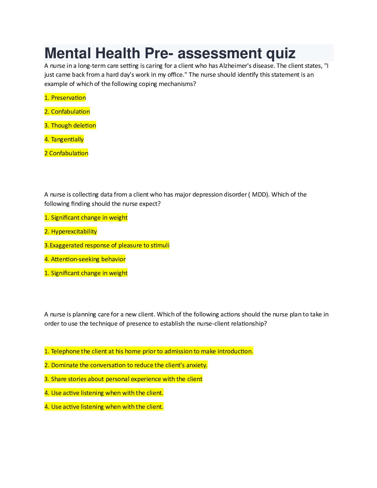 Mental Health Pre- assessment Quiz Questions and Complete Solutions ...