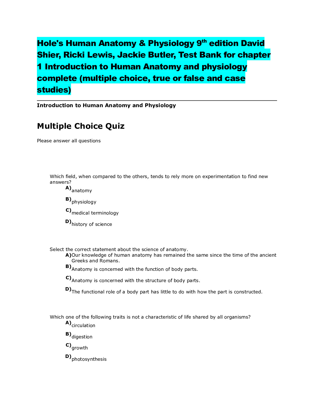 Hole's Human Anatomy Test Bank for chapter 1 Introduction to Human ...