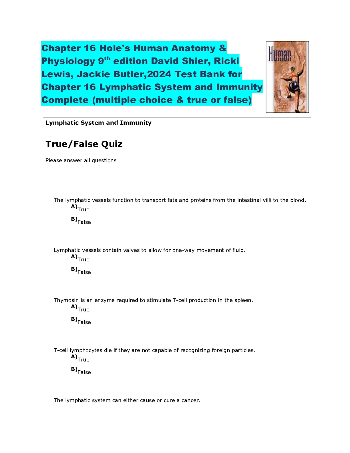 Hole's Human Anatomy and Physiology Test Bank for Chapter 16 Lymphatic ...