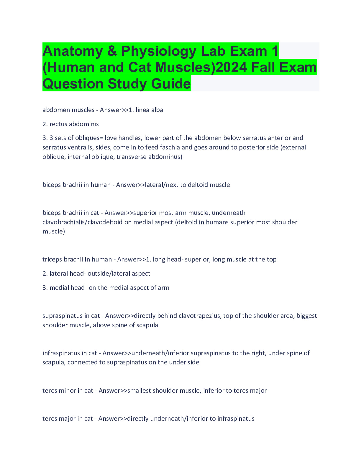 Anatomy & Physiology Lab Exam 1 (Human and Cat Muscles)2024 Fall Exam ...