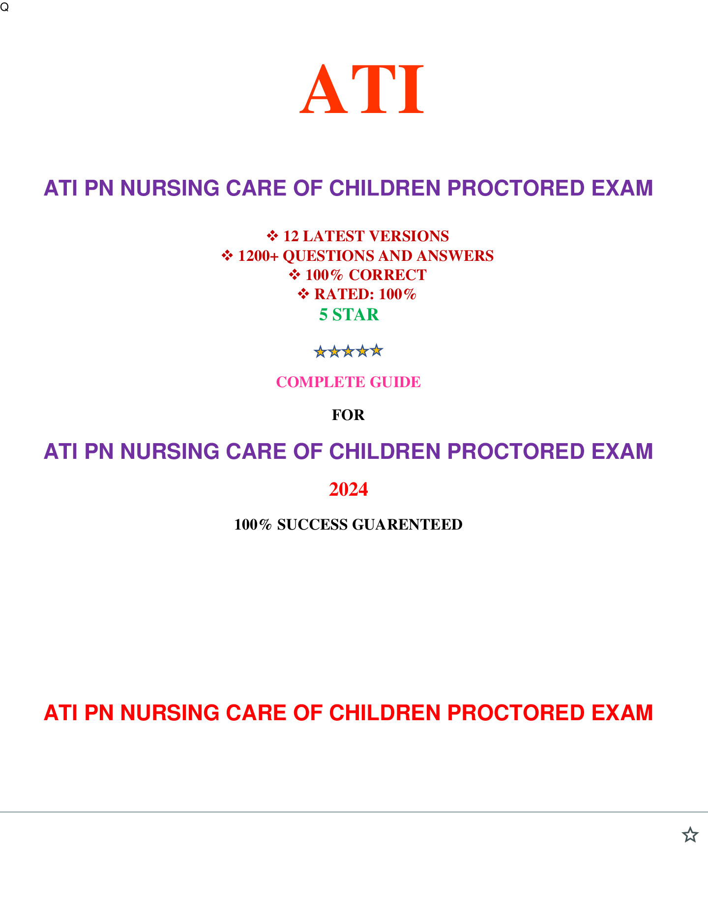 ATI PN NURSING CARE OF CHILDREN PROCTORED EXAM 2024 (12 NEW VERSIONS ...
