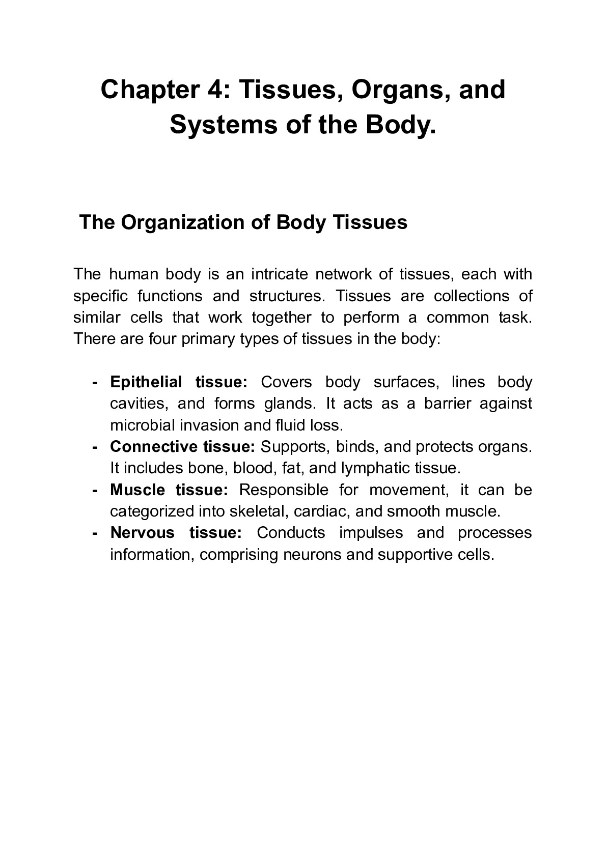 Tissues, Organs, and Systems of the Body - DocMerit