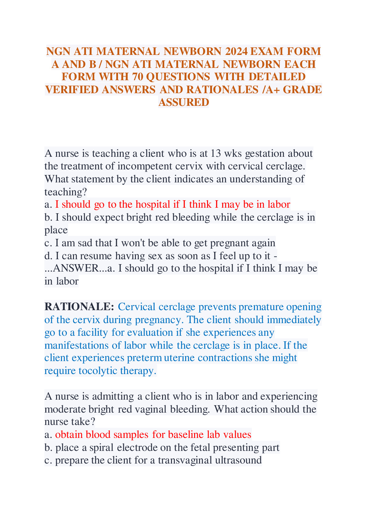 NGN ATI MATERNAL NEWBORN 2024 EXAM FORM A AND B / NGN ATI MATERNAL ...