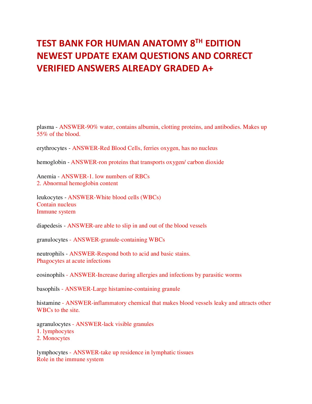 TEST BANK FOR HUMAN ANATOMY 8TH EDITION NEWEST UPDATE EXAM QUESTIONS ...