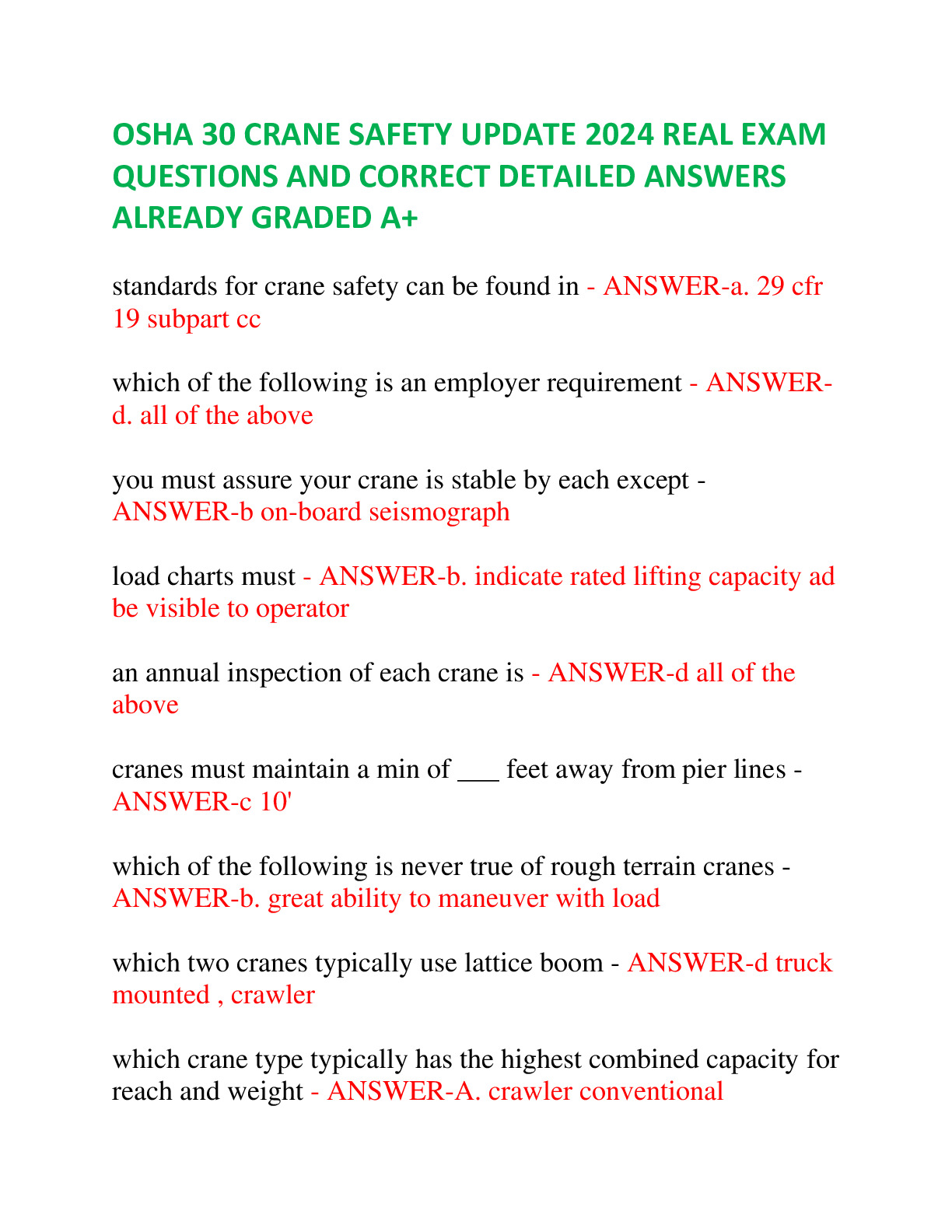 OSHA 30 CRANE SAFETY UPDATE 2024 REAL EXAM QUESTIONS AND CORRECT ...