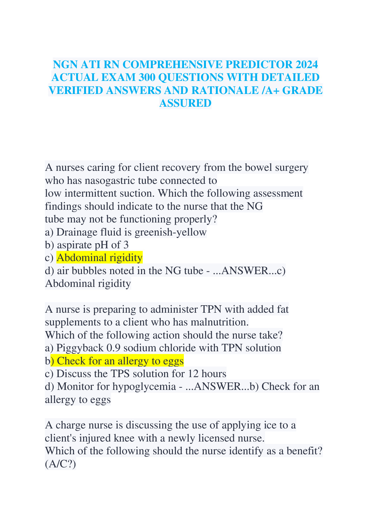 NGN ATI RN COMPREHENSIVE PREDICTOR 2024 ACTUAL EXAM 300 QUESTIONS WITH ...