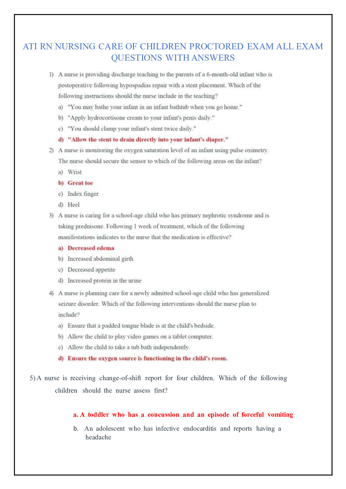 ATI RN NURSING CARE OF CHILDREN PROCTORED EXAM ALL EXAM QUESTIONS WITH ...