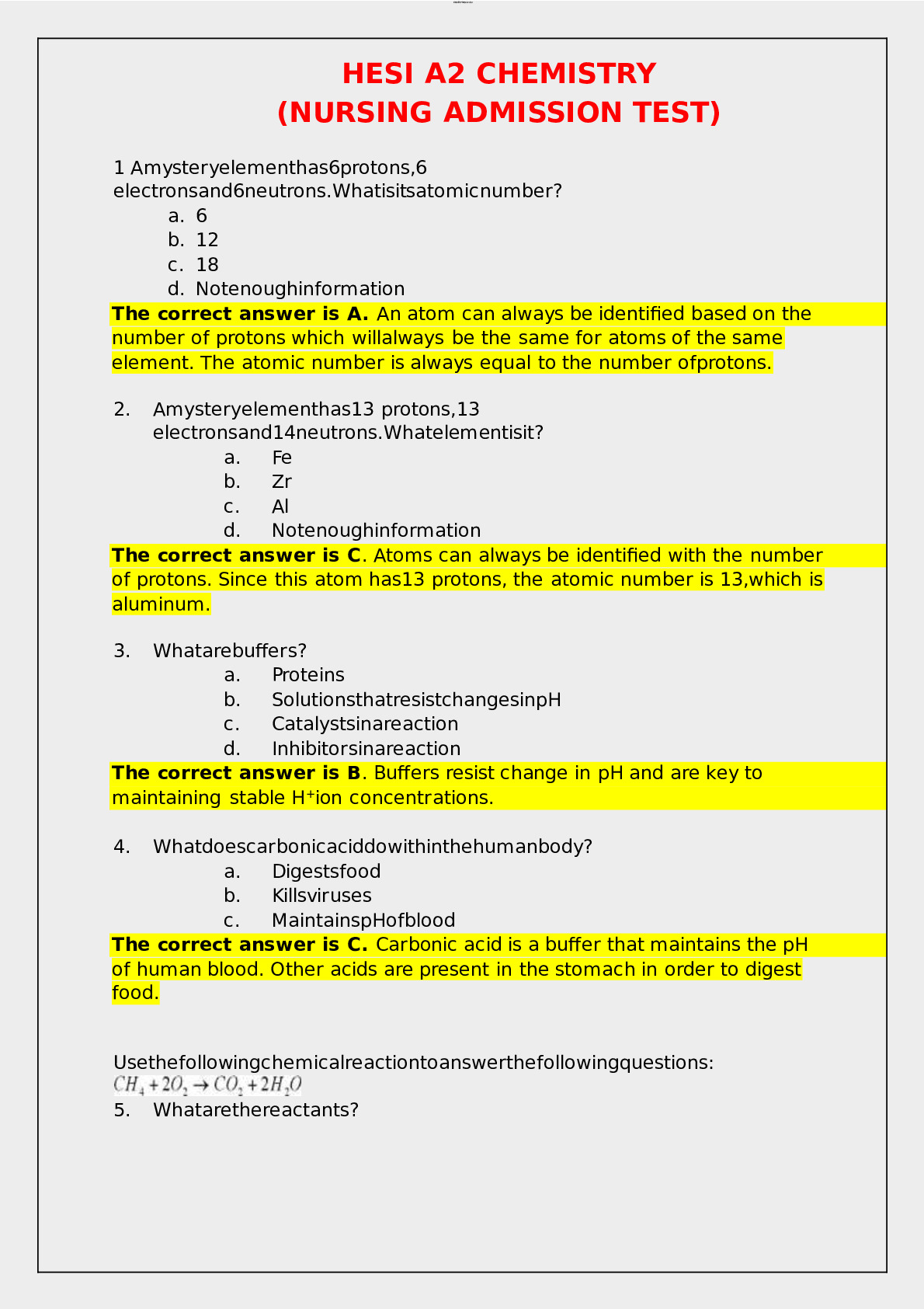 HESI A2 (NURSING ADMISSION TEST)CHEMISTRY V1/V2 FILE 2032/2024 ...