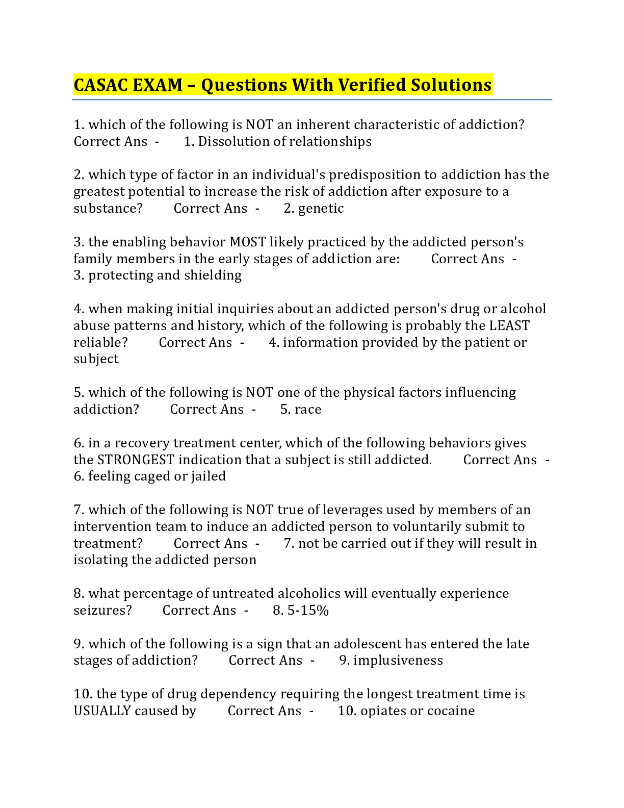 CASAC EXAM I QUESTIONS WITH ANSWERS 100% CORRECT - DocMerit