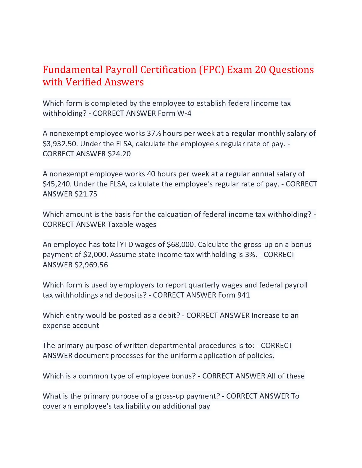 Fundamental Payroll Certification (FPC) Exam 20 Questions with Verified ...