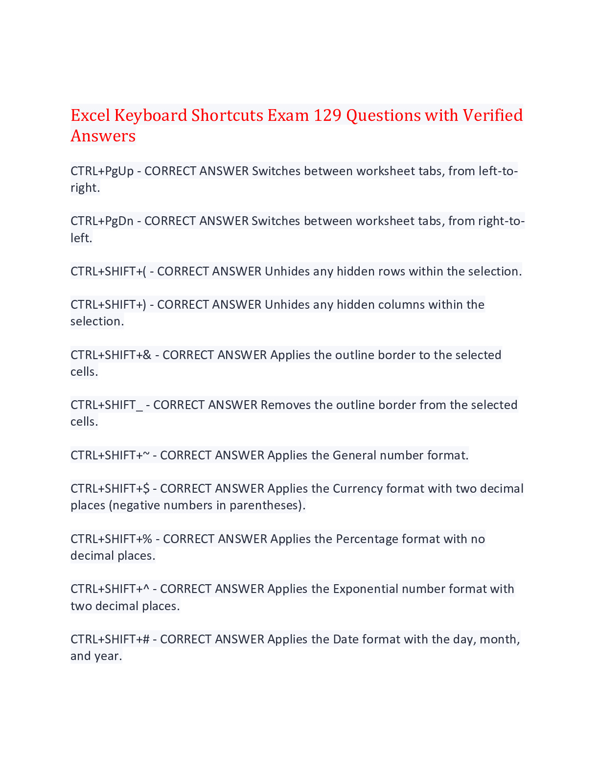 Excel Keyboard Shortcuts Exam 129 Questions with Verified Answers,100% ...