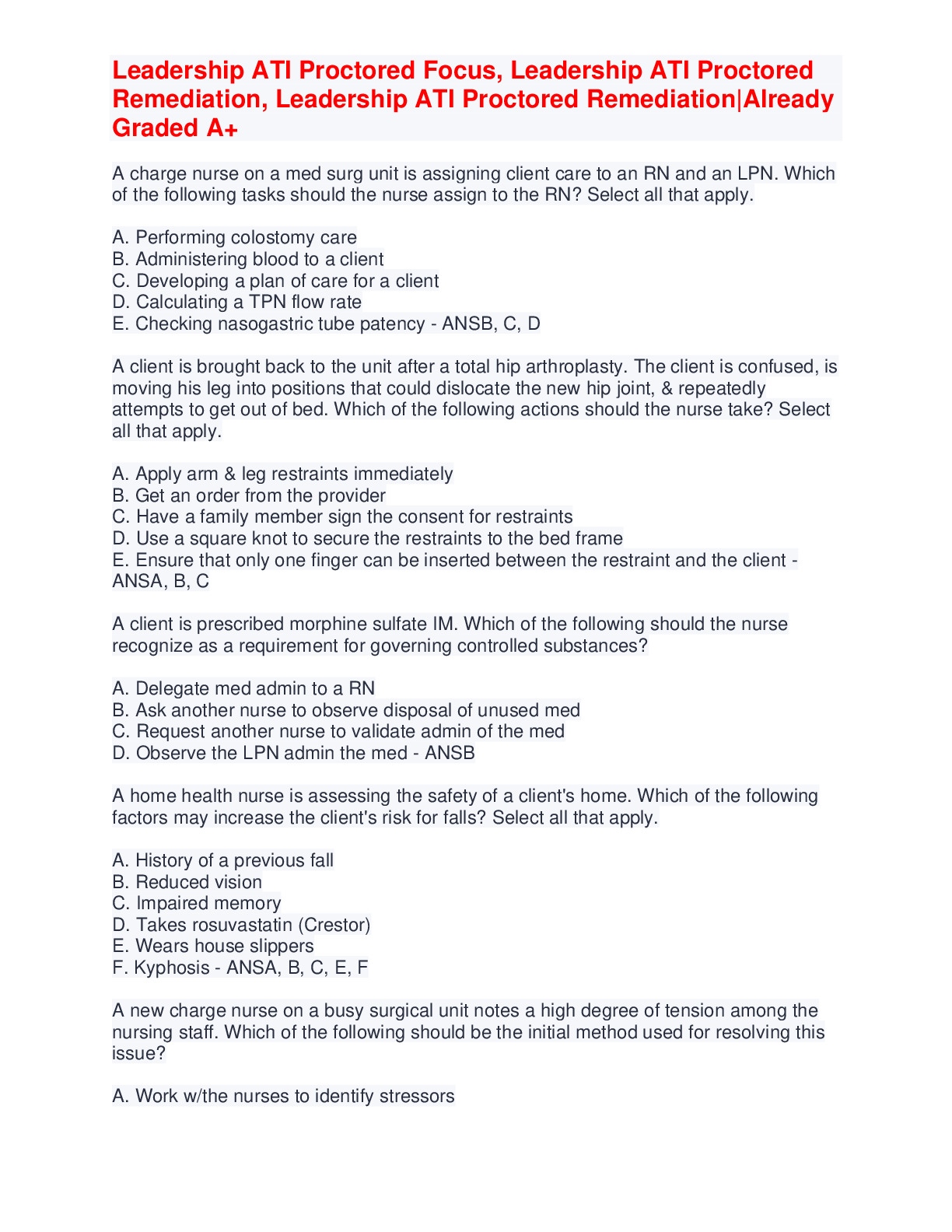 Leadership ATI Proctored Focus, Leadership ATI Proctored Remediation, Leadership ATI Proctor ...