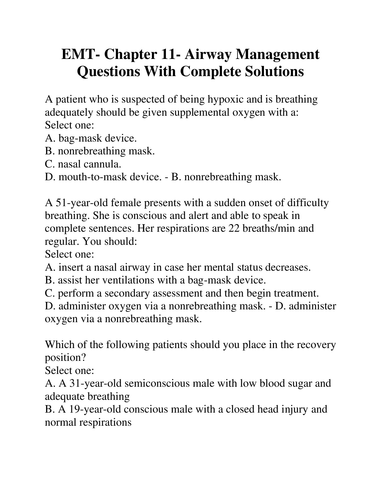 EMT- Chapter 11- Airway Management Questions With Complete Solutions ...