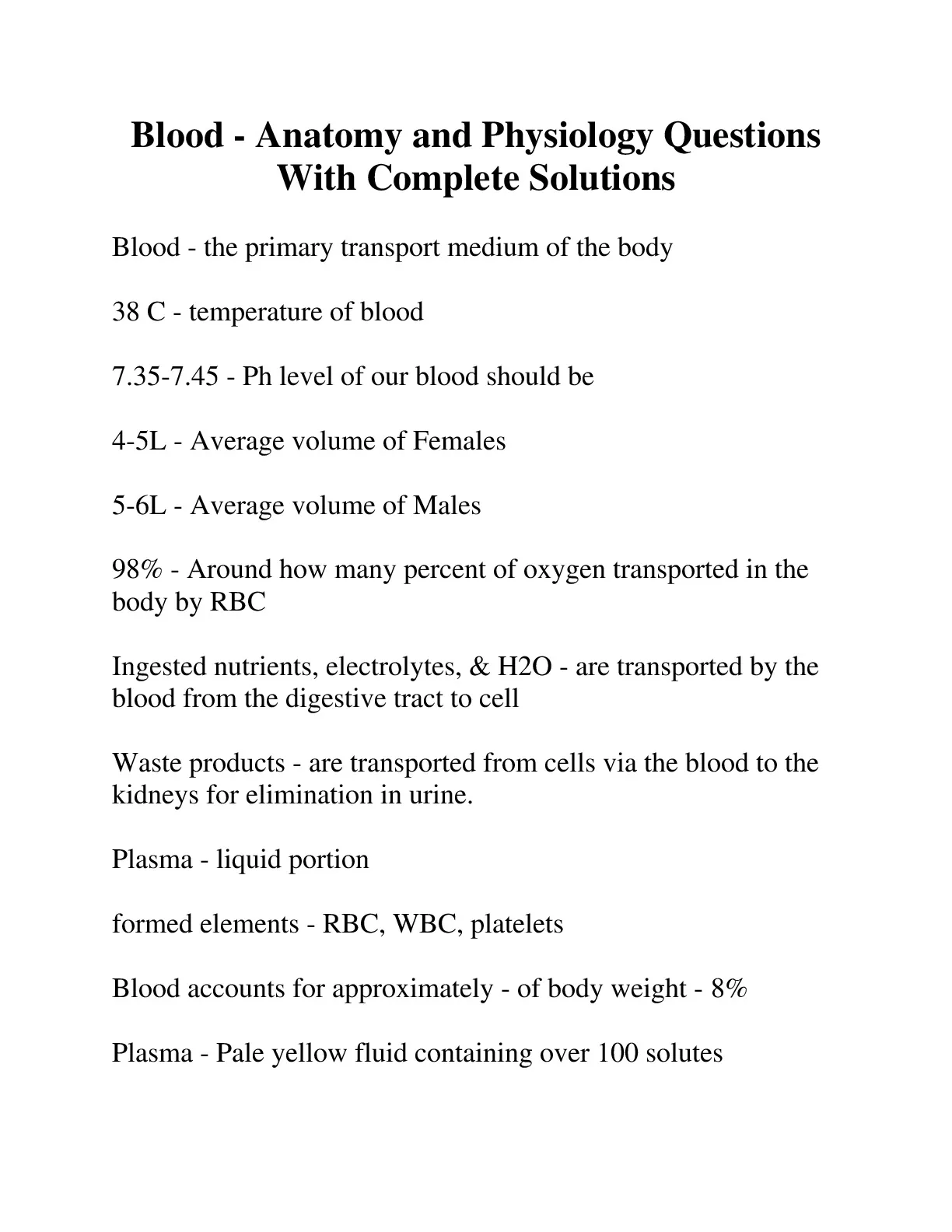 Blood - Anatomy and Physiology Questions With Complete Solutions - DocMerit