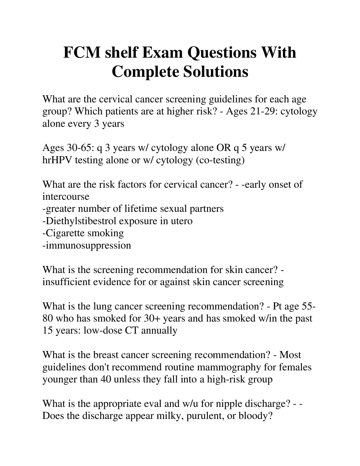 FCM shelf Exam Questions With Complete Solutions - DocMerit