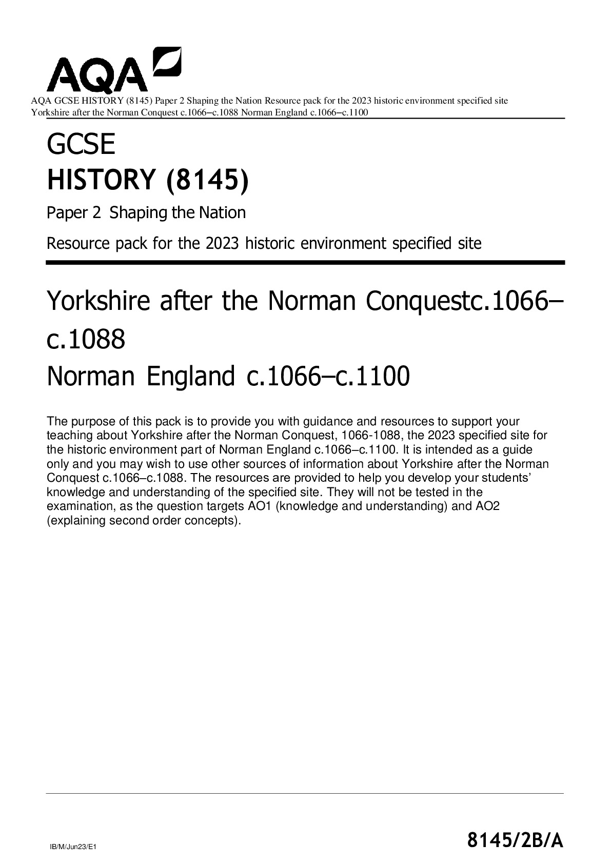 AQA GCSE HISTORY (8145) Paper 2 Shaping the Nation Resource pack for ... AQA GCSE HISTORY (8145) Paper 2 Shaping the Nation Resource pack for ...