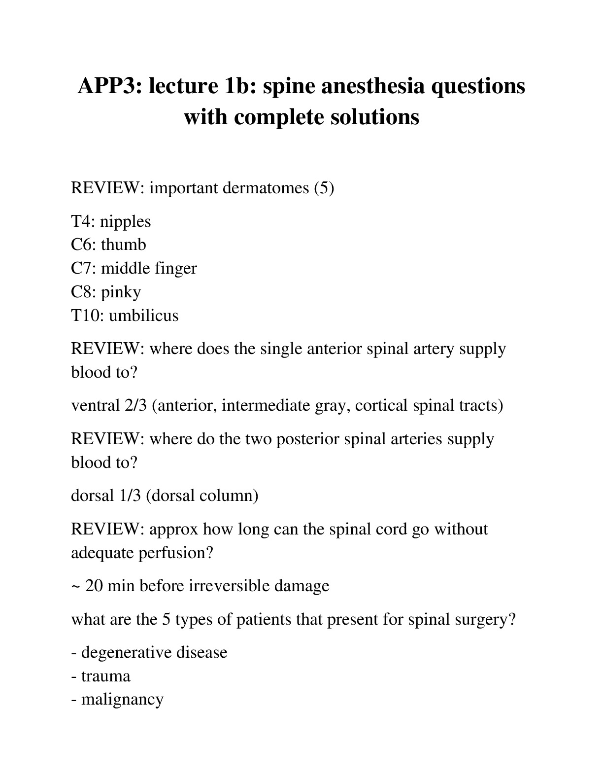 APP3: lecture 1b: spine anesthesia questions with complete solutions ...
